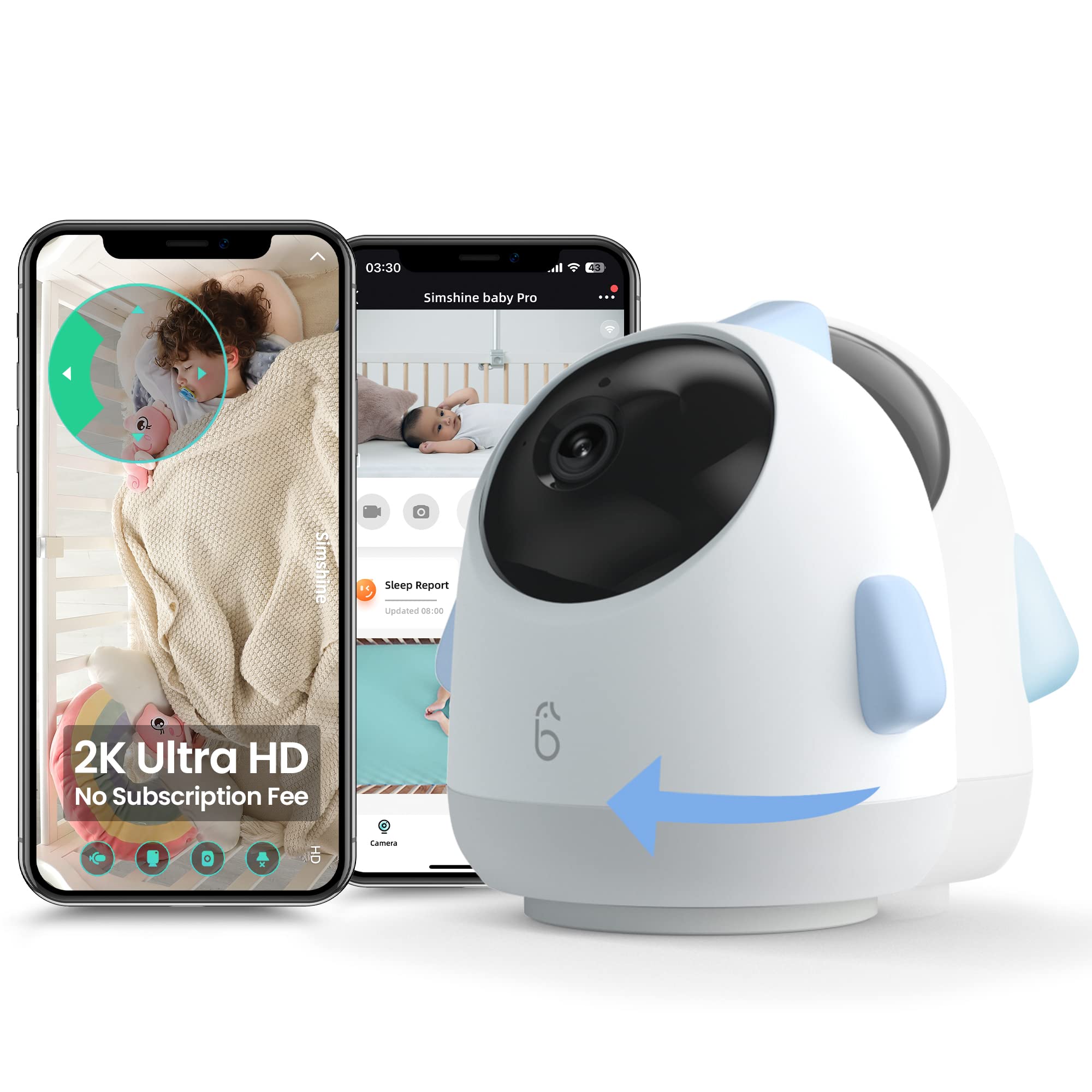 Simshine Smart Baby Monitor WiFi Smartphone AI Cry Soothing Lullaby, Sleep Breathing Analysis, 2K UHD Video Camera, 2-Way Talk, Night Vision, Virtual Fence