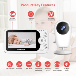 BOAVISION Video Baby Monitor with Camera and Audio,Digital 2.4Ghz Wireless Video Monitor with 4.3 inch IPS Screen,1760mAh Battery,Temperature Monitor,VOX,Talk Back,Night Vision,Lullabies,VB608