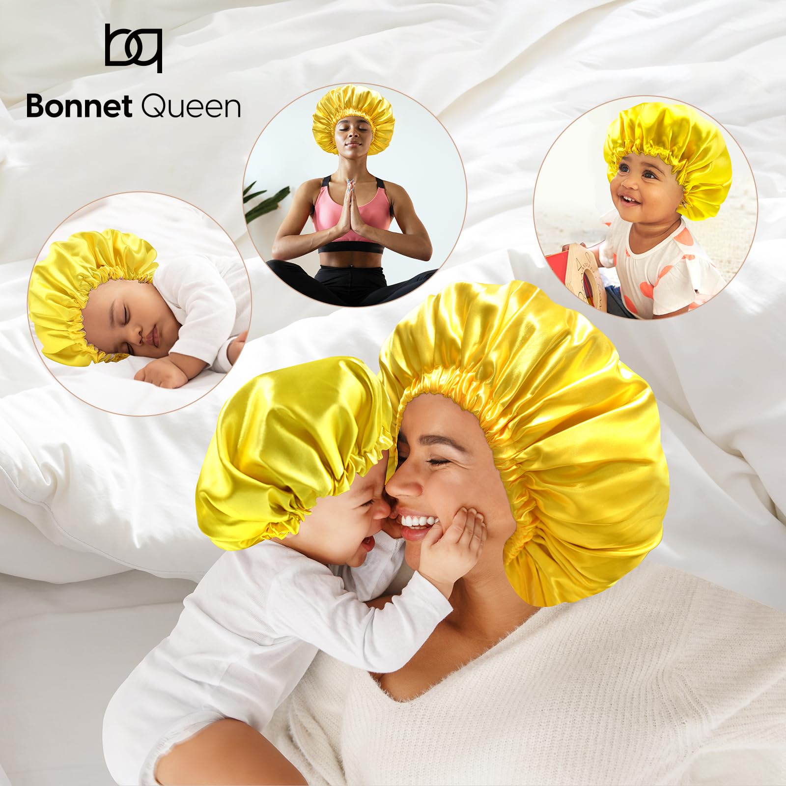 BONNET QUEEN Adjustable Drawstring Double Layer Reversible Silk Satin Mommy and Me Bonnet Sets Night Sleeping Hat Natural