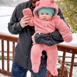 Lamgool Newborn Baby Fleece Jumpsuit Hooded Bear Ears Footies Unisex Girls Boys Romper Snowsuit for Fall Winter 0-3M