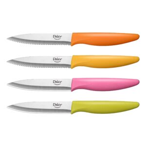 mongsew paring knife set, 4pcs paring knives, 2-piece serrated paring knife and 2-piece plain paring knife, 4.5 inch pairing knives, assorted colors, green/yellow/orange/pink