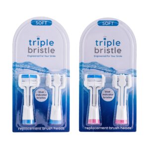 triple bristle replacement brush head refills | innovative 3 sided head design | compatible with triple bristle brand sonic toothbrush | color changing indicator bristles | 4 pack (2 pink + 2 blue)