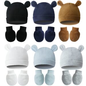 newborn baby hats and mittens set for boys & girls preemie caps/unisex infant beanie baby set 0-6 months (pack 6- black, white, darkblue, lightblue, grey, brown, ear)