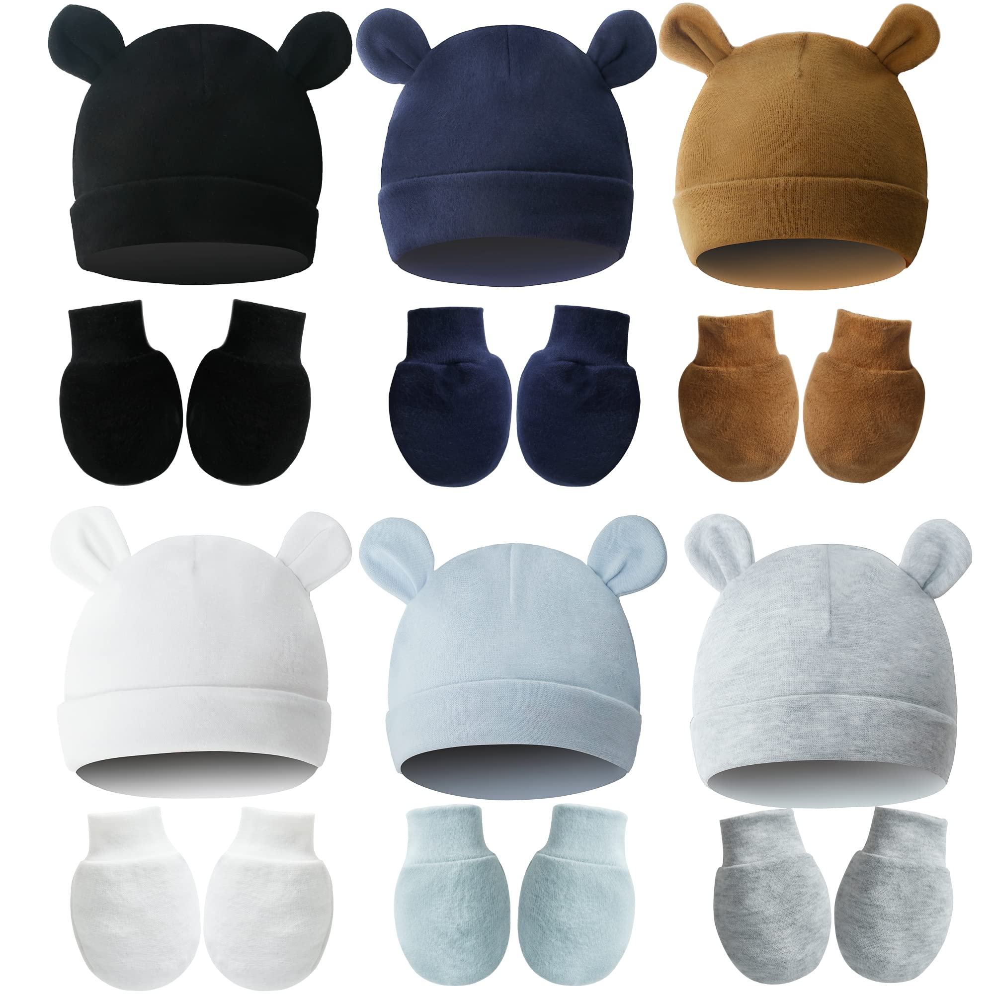 Newborn Baby Hats and Mittens Set for Boys & Girls Preemie Caps/Unisex Infant Beanie Baby Set 0-6 Months (Pack 6- Black, White, Darkblue, Lightblue, Grey, Brown, Ear)