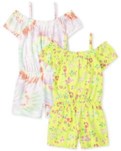 the children's place baby toddler girls short sleeve cold shoulder romper, candy swirl/desert flower 2-pack, 3t