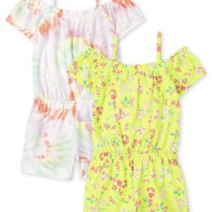 The Children's Place Baby Toddler Girls Short Sleeve Cold Shoulder Romper, Candy Swirl/Desert Flower 2-Pack, 3T