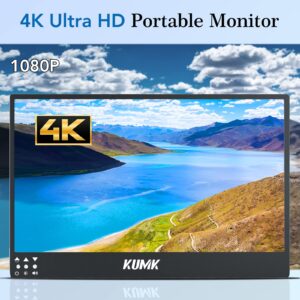 KUMK 4K Portable Monitor 13.3" 3840x2160 UHD USB-C Laptop Monitor with Kickstand & Carrying Bag, Eye Care Screen HDR Speakers FreeSync External Gaming Monitor for Mac PC Phone Xbox Switch PS5/4, Black