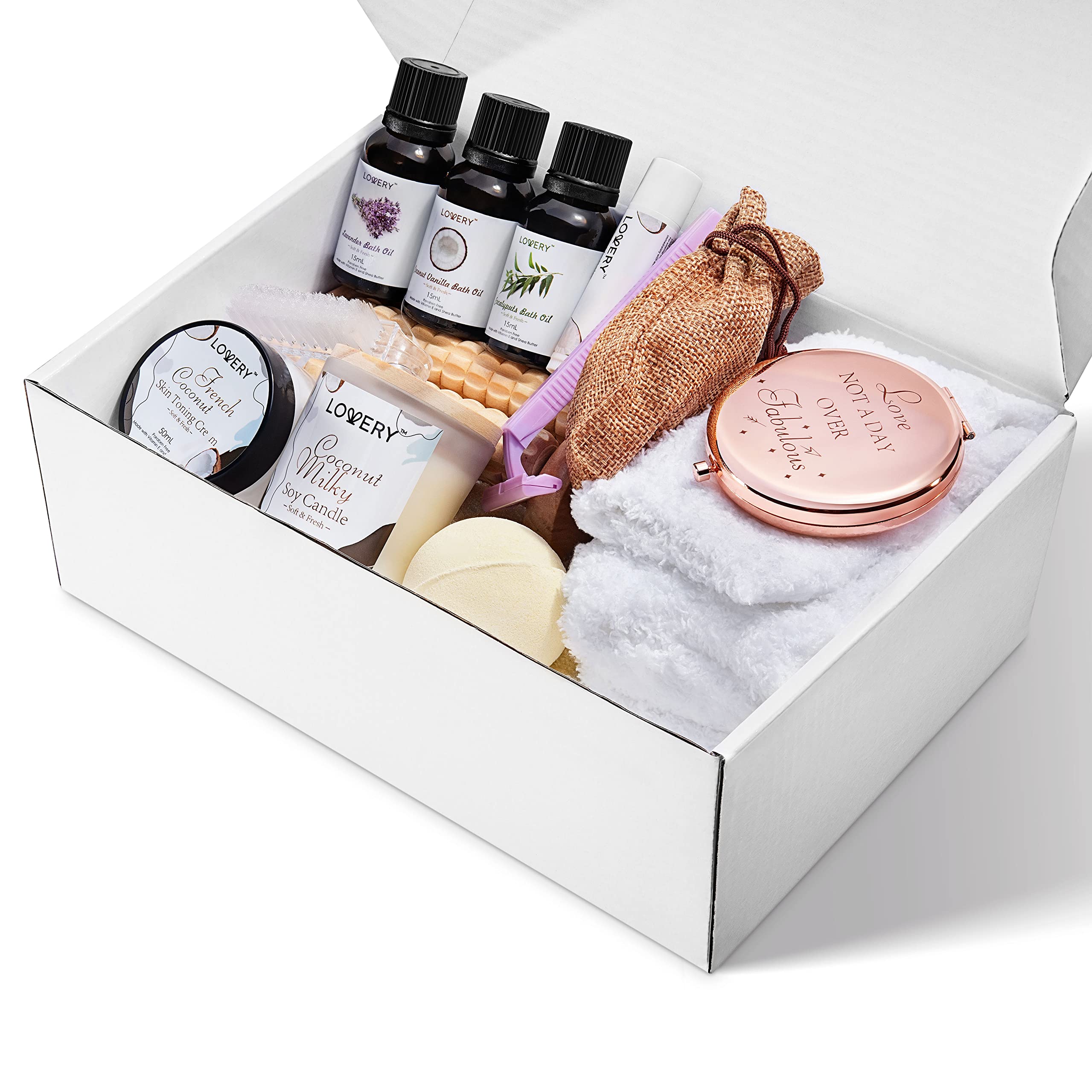 Christmas Bath Gift Set, 20pc French Coconut Aromatherapy Spa Gift Basket for Women & Men Self Care Package Spa Kit, Handmade Gift Box, Body Oils, Organic Lip Balm, Bath Bomb, Spa Gifts for Birthday