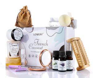 christmas bath gift set, 20pc french coconut aromatherapy spa gift basket for women & men self care package spa kit, handmade gift box, body oils, organic lip balm, bath bomb, spa gifts for birthday