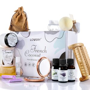 Christmas Bath Gift Set, 20pc French Coconut Aromatherapy Spa Gift Basket for Women & Men Self Care Package Spa Kit, Handmade Gift Box, Body Oils, Organic Lip Balm, Bath Bomb, Spa Gifts for Birthday