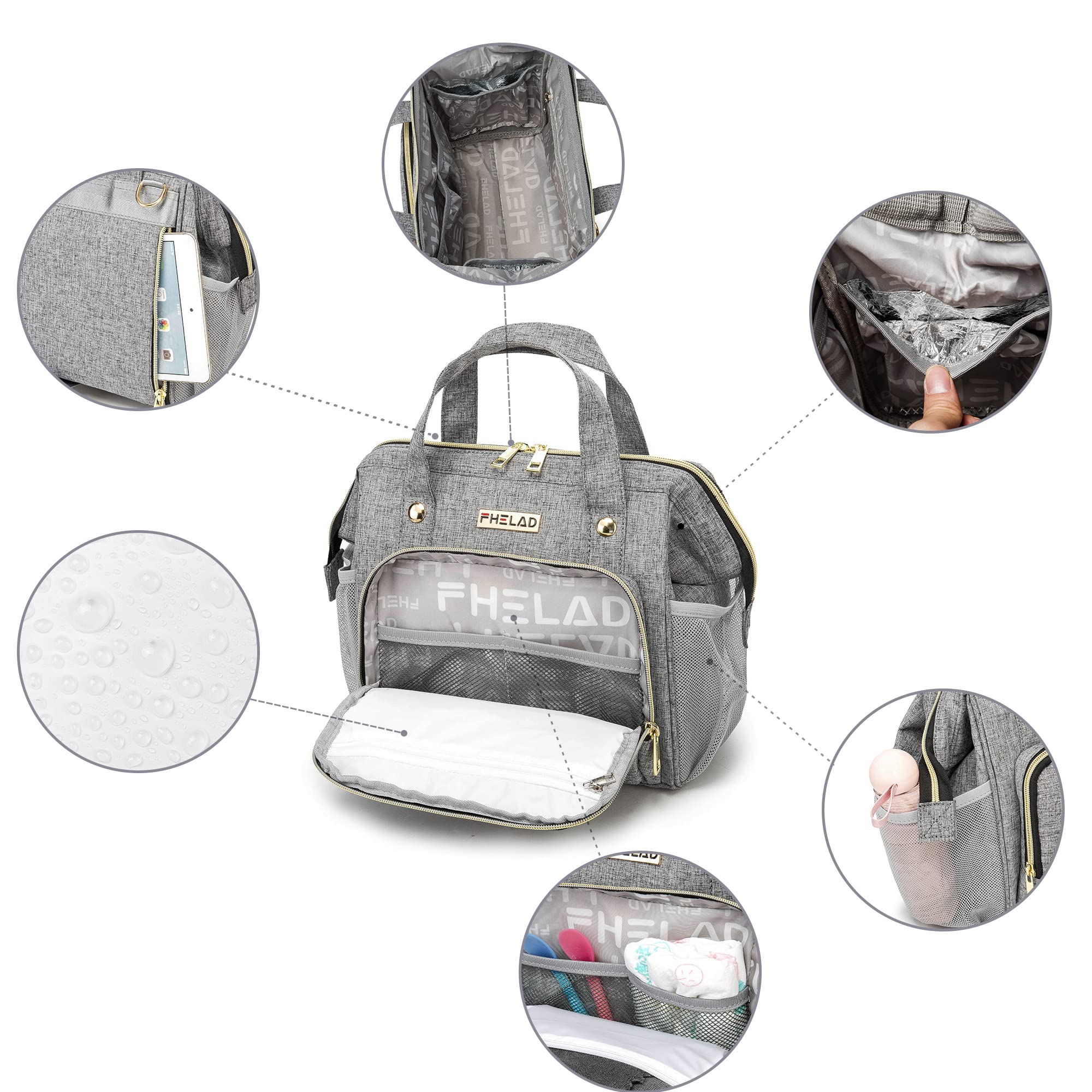 FHELAD Small Diaper Bag Tote Diaper Backpack Crossbody, Toddler Diaper Bags Waterproof Multi-Function Newborn Baby Stylish Mini Tote Maternity Bags Travel Backpacks with Insulated Pockets, Gray