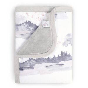 oilo baby blanket, luxury soft plush backing & 100% turkish cotton jersey print, double layered, 30" x 40", rolled jersey edge trim, newborn infant crib blanket, misty mountain