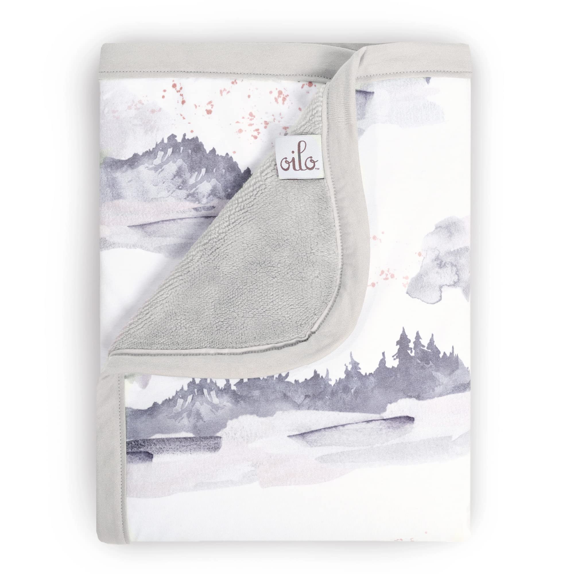 Oilo Baby Blanket, Luxury Soft Plush Backing & 100% Turkish Cotton Jersey Print, Double Layered, 30" x 40", Rolled Jersey Edge Trim, Newborn Infant Crib Blanket, Misty Mountain