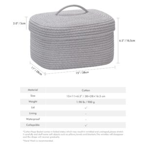 Sea Team Oval Cotton Rope Storage Basket with Lid, Lidded Woven Storage Bin, Nursery Storage Container, Diaper Caddy, Baby Shower Basket, Box, Organizer, 15 x 11 x 6.5 Inches (Medium, Grey)