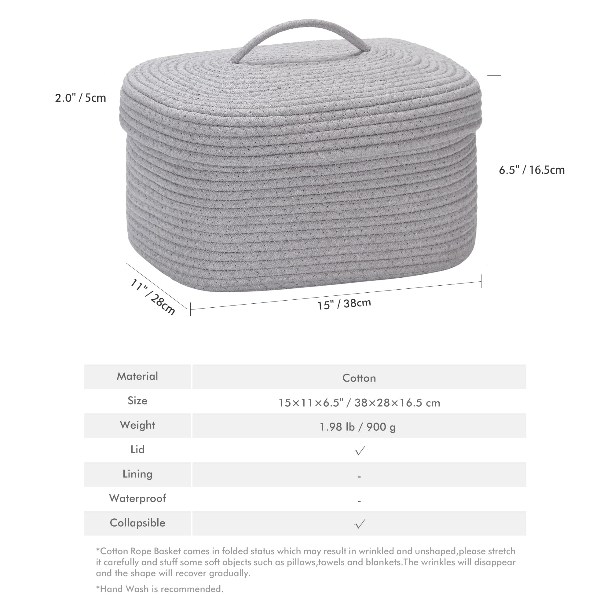 Sea Team Oval Cotton Rope Storage Basket with Lid, Lidded Woven Storage Bin, Nursery Storage Container, Diaper Caddy, Baby Shower Basket, Box, Organizer, 15 x 11 x 6.5 Inches (Medium, Grey)