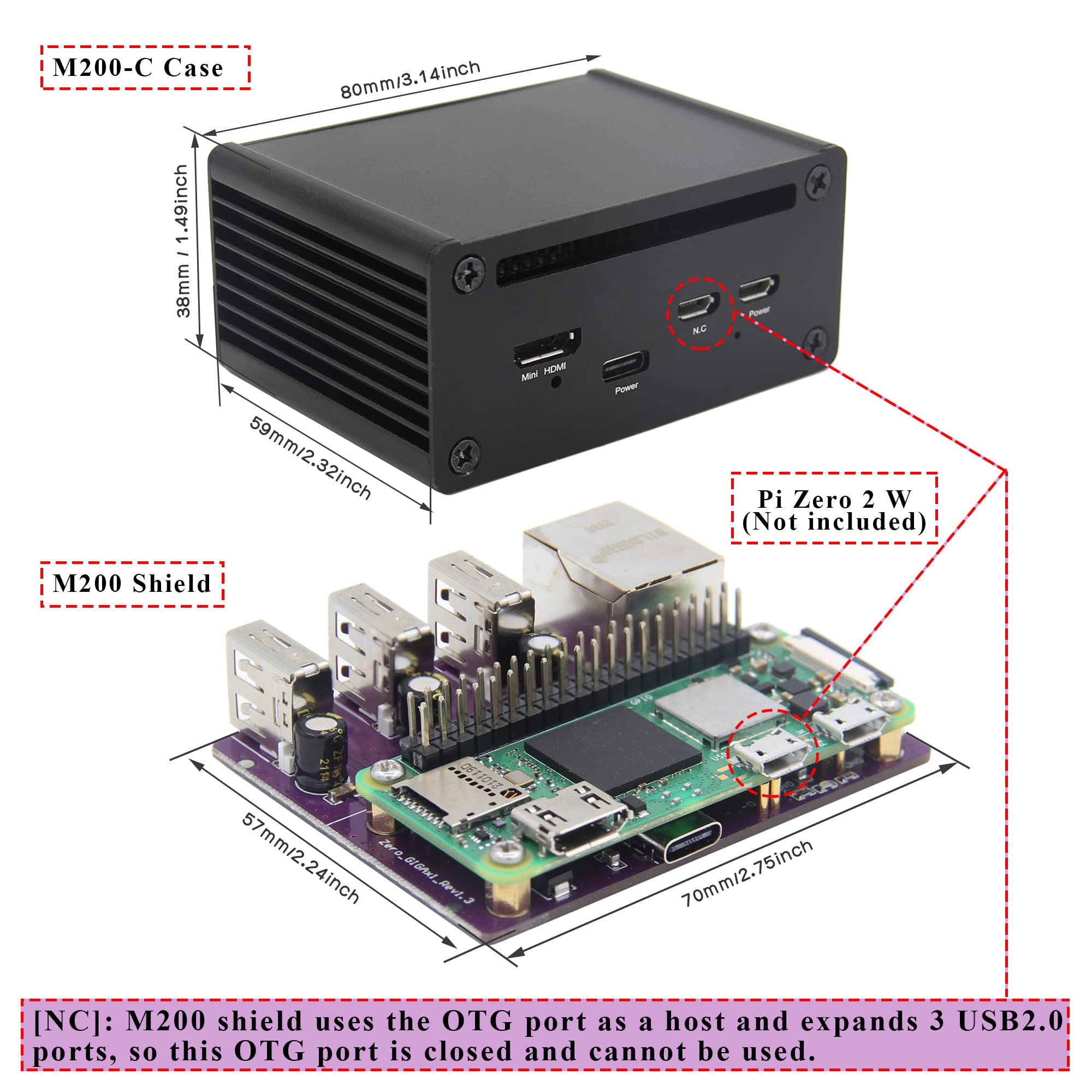 Geekworm for Raspberry Pi Zero 2 W Case Heatsink, M200-K Gigabit Ethernet Expansion Board 3-Port USB HUB with Aluminum Alloy Case&Heatsink for Raspberry Pi Zero 2W/Zero W (Not inlcude Raspberry Pi)