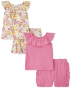 the children's place baby toddler girls sleeve ruffle tank top and shorts set, floral/in the pink 2-pack, 3t