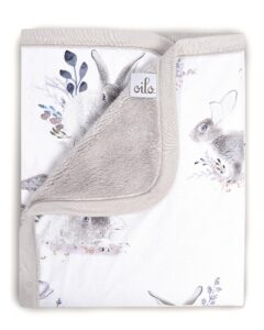 oilo baby blanket, luxury soft plush backing & 100% turkish cotton jersey print, double layered, 30" x 40", rolled jersey edge trim, newborn infant crib blanket, cottontail bunny