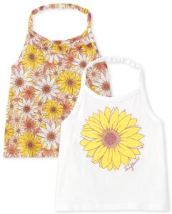 the children's place baby toddler girls sleeveless halter tank top, ace floral/sunflower 2-pack, 3t