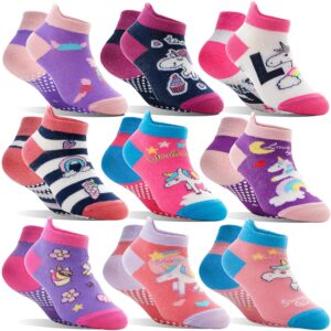 welwoos baby girls toddlers grips socks kids non slip anti skid ankle unicorn gift cotton no show socks with grippers 9 pairs (rainbow unicorn, 3-5 y)