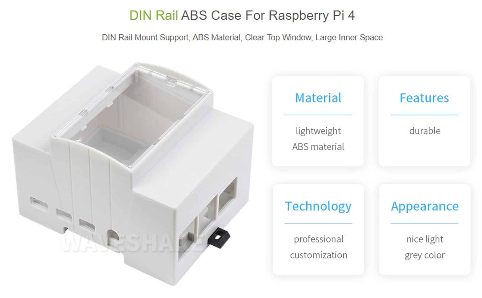 DIN Rail Case for Raspberry Pi 4, DIN Rail Mount Support, ABS Material, Clear Top Window, Large Inner Space Allows Accommodating an Extra Add-on Such as PoE HAT (D), RS485 CAN HAT etc. Easy to Use