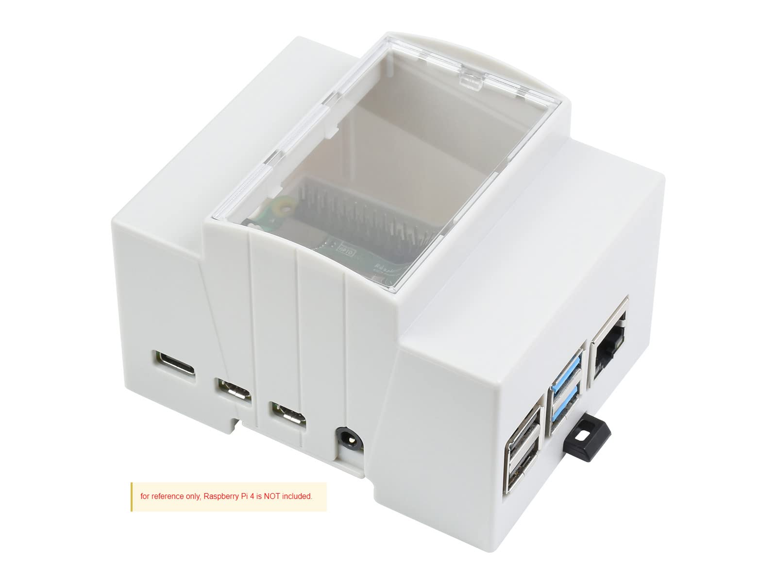 DIN Rail Case for Raspberry Pi 4, DIN Rail Mount Support, ABS Material, Clear Top Window, Large Inner Space Allows Accommodating an Extra Add-on Such as PoE HAT (D), RS485 CAN HAT etc. Easy to Use