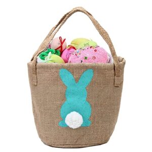 easter bunny basket burlap buckets with two handles egg hunt buckets with fluffy tail for kids easter tote bags for storage eggs candies and gifts(yama blue)