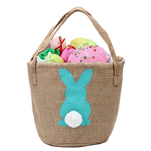 Easter Bunny Basket Burlap Buckets with Two Handles Egg Hunt Buckets with Fluffy Tail for Kids Easter Tote Bags for Storage Eggs Candies and Gifts(Yama Blue)