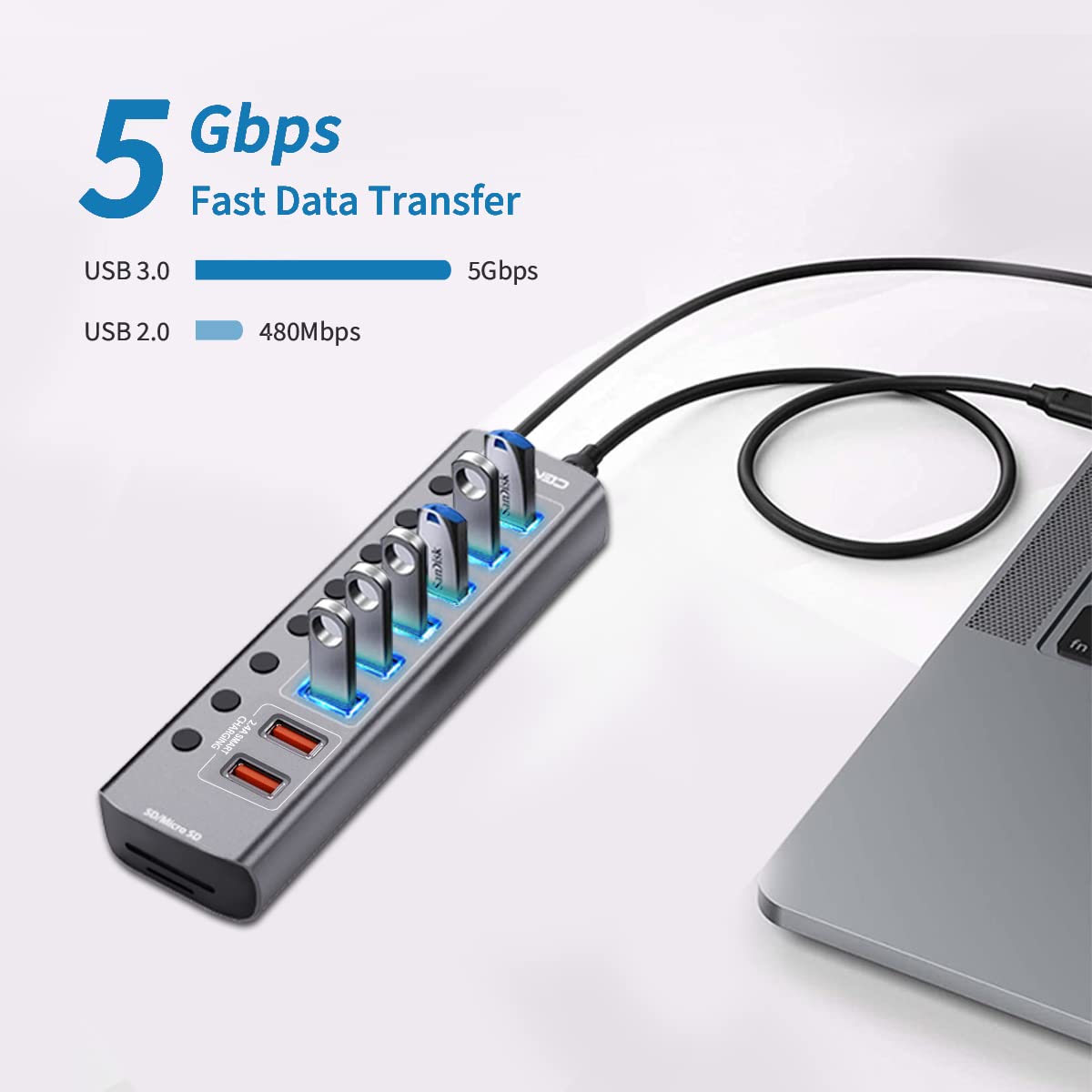 Cenmate Powered USB 3.0 Hub with SD/TF Card Reader, Aluminum USB 3.0 Splitter(6 USB 3.0 Ports+2 2.4A Charging Ports+TF/SD Reader), Individual On/Off Switches