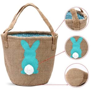 Easter Bunny Basket Burlap Buckets with Two Handles Egg Hunt Buckets with Fluffy Tail for Kids Easter Tote Bags for Storage Eggs Candies and Gifts(Yama Blue)