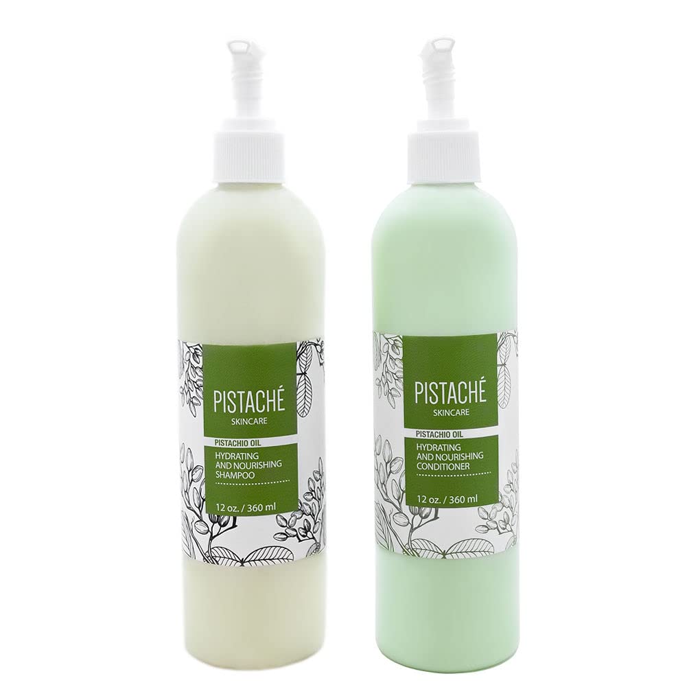 Pistaché Skincare Pistachio Oil Shampoo and Conditioner Set (Rich Pistachio Biscotti Scent) + Hydrating and Nourishing + Deep Moisturizing + Vitamin E + Paraben and Sulphate Free, 12 oz each