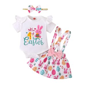 newborn baby girl easter outfit my first easter romper rabbit suspender skirt headband clothes set (easter-pink, 9-12 months)