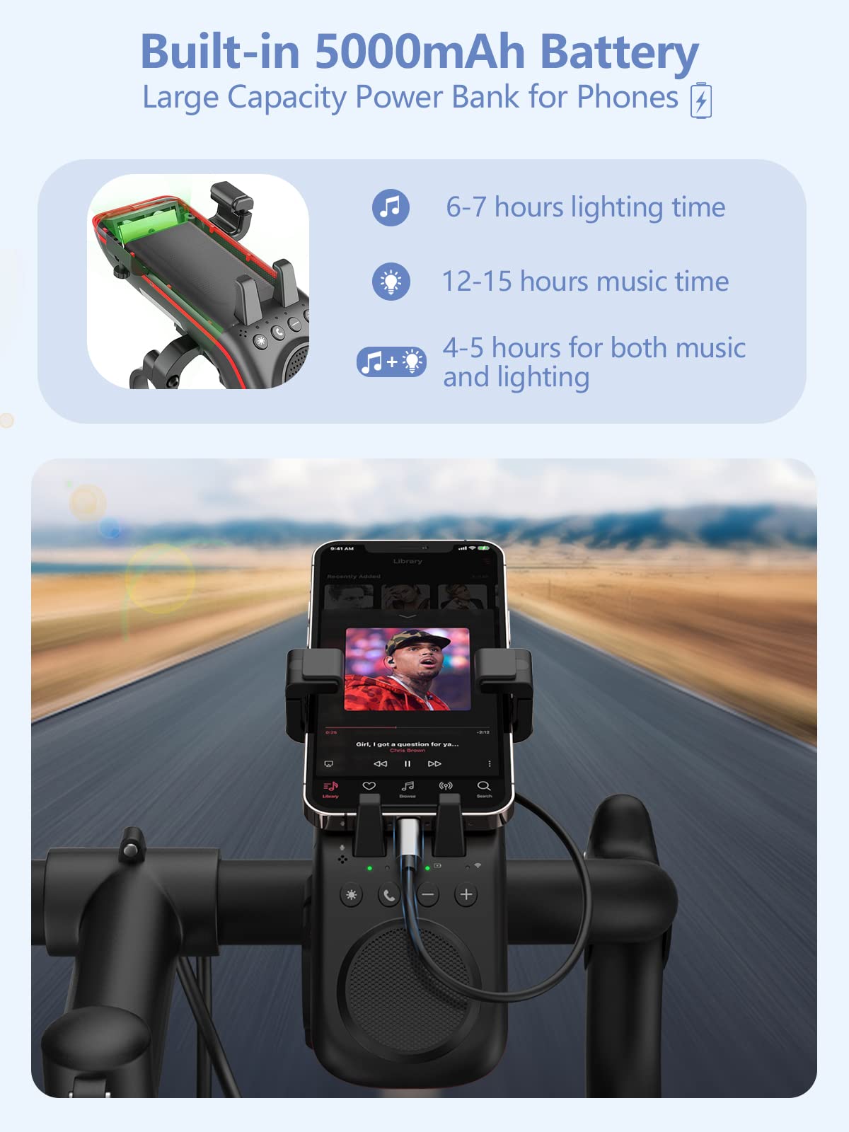 Weduda Multifunctional Bike Phone Holder,Portable Bluetooth Speaker with Microphone and LED Lighting, External Bicycle Bell, 5000mAh Power Bank - Ideal for Adult Road & Mountain Cycling