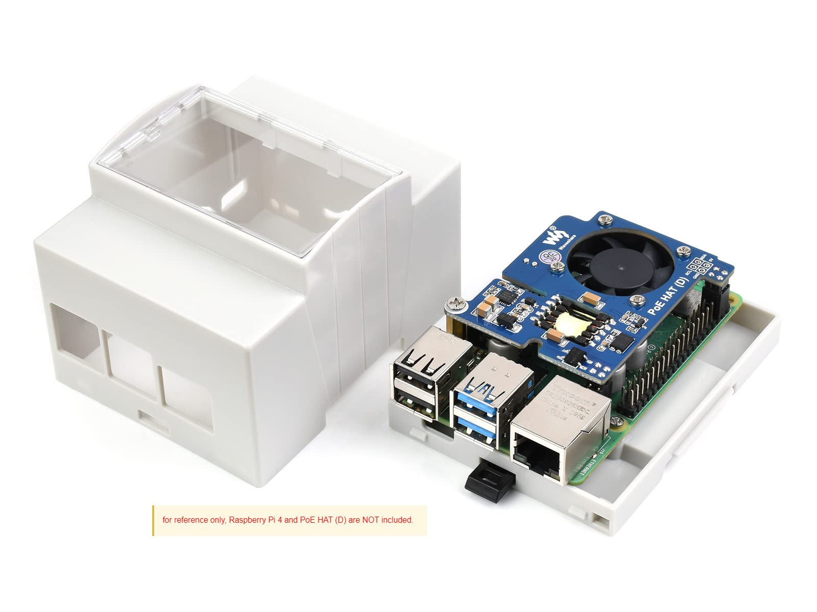 DIN Rail Case for Raspberry Pi 4, DIN Rail Mount Support, ABS Material, Clear Top Window, Large Inner Space Allows Accommodating an Extra Add-on Such as PoE HAT (D), RS485 CAN HAT etc. Easy to Use