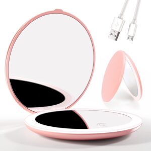 p toppstore led lighted compact mirror,4 inch 1x/5x magnification travel makeup mirror,rechargeable portable compact mirror with light for handbag, purse, pocket, pink