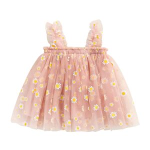 toddler baby girl tutu dress sleeveless daisy floral layered tulle dress kids princess birthday party beach dresses (pink daisy, 6-12 months)