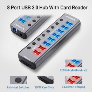 Cenmate Powered USB 3.0 Hub with SD/TF Card Reader, Aluminum USB 3.0 Splitter(6 USB 3.0 Ports+2 2.4A Charging Ports+TF/SD Reader), Individual On/Off Switches