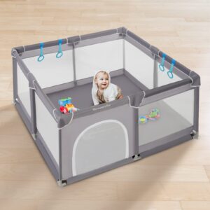 baby playpen with mat 71 x 59 inch baby playpen for babies and toddlers, extra large baby playyard for indoor & outdoor activity, with soft breathable mat & 4 pull rings for kids center (gray)