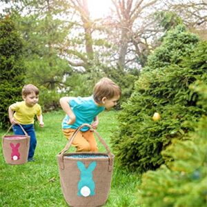 Easter Bunny Basket Burlap Buckets with Two Handles Egg Hunt Buckets with Fluffy Tail for Kids Easter Tote Bags for Storage Eggs Candies and Gifts(Yama Blue)