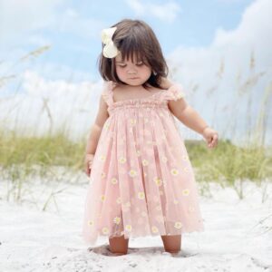 Toddler Baby Girl Tutu Dress Sleeveless Daisy Floral Layered Tulle Dress Kids Princess Birthday Party Beach Dresses (Pink Daisy, 6-12 Months)