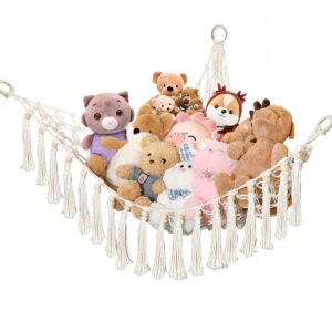 ropecube hanging stuffed animal hammock, handmade stuffed animal storage organizer with boho macrame style, corner plush toys storage organizer for nursery kid room playroom