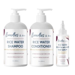 bundles & bits rice water shampoo, conditioner, serum for hair growth i strengthening hair i plant-based, sulfate free, 3pc set