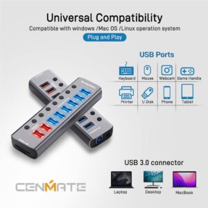 Cenmate Powered USB 3.0 Hub with SD/TF Card Reader, Aluminum USB 3.0 Splitter(6 USB 3.0 Ports+2 2.4A Charging Ports+TF/SD Reader), Individual On/Off Switches