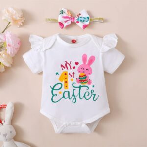 Newborn Baby Girl Easter Outfit My First Easter Romper Rabbit Suspender Skirt Headband Clothes Set (Easter-Pink, 9-12 Months)