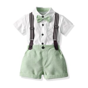 volunboy baby boy formal short set toddler summer gentleman outfit kid short sleeve bowtie shirt suspender shorts suit (white+green, 2-3t)