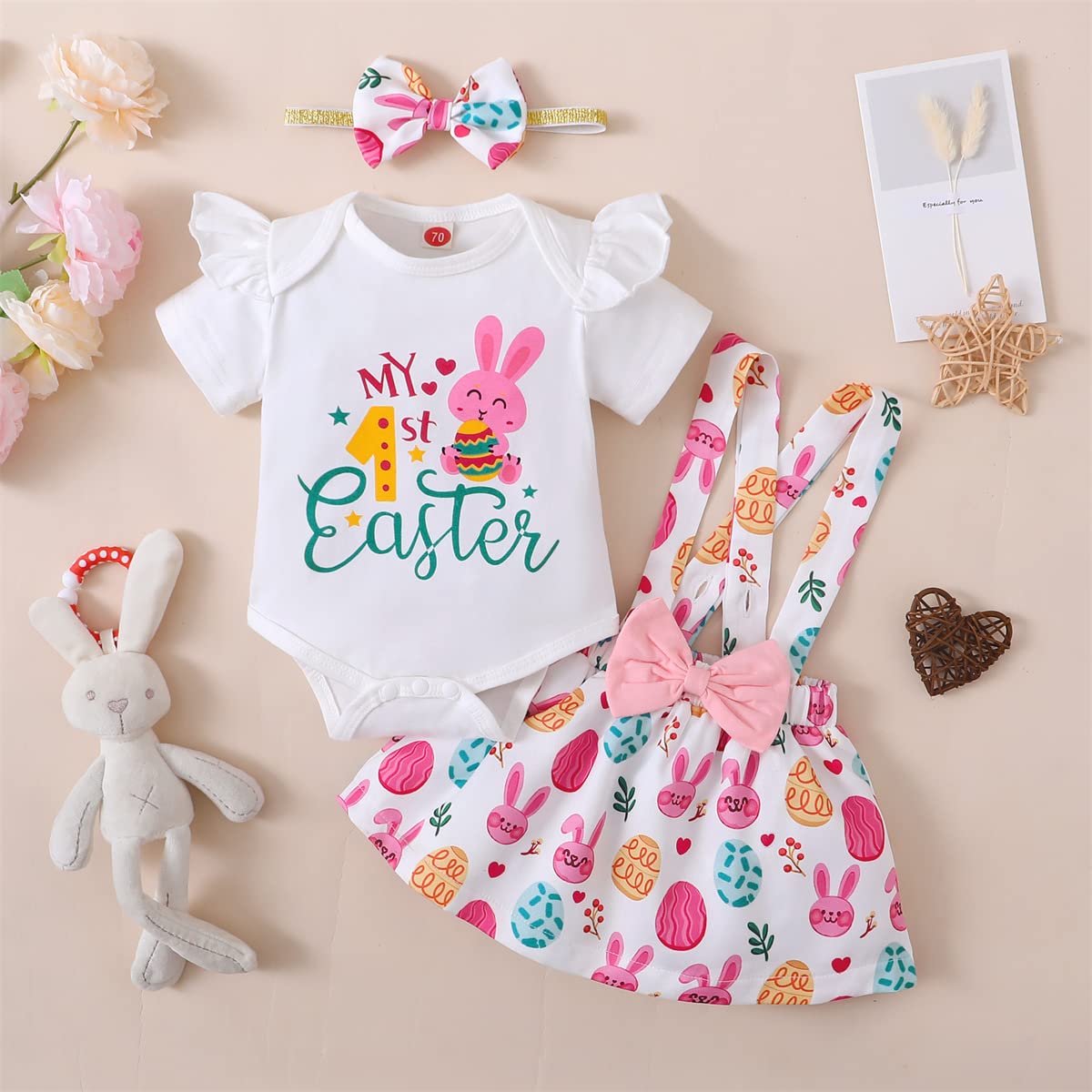 Newborn Baby Girl Easter Outfit My First Easter Romper Rabbit Suspender Skirt Headband Clothes Set (Easter-Pink, 9-12 Months)