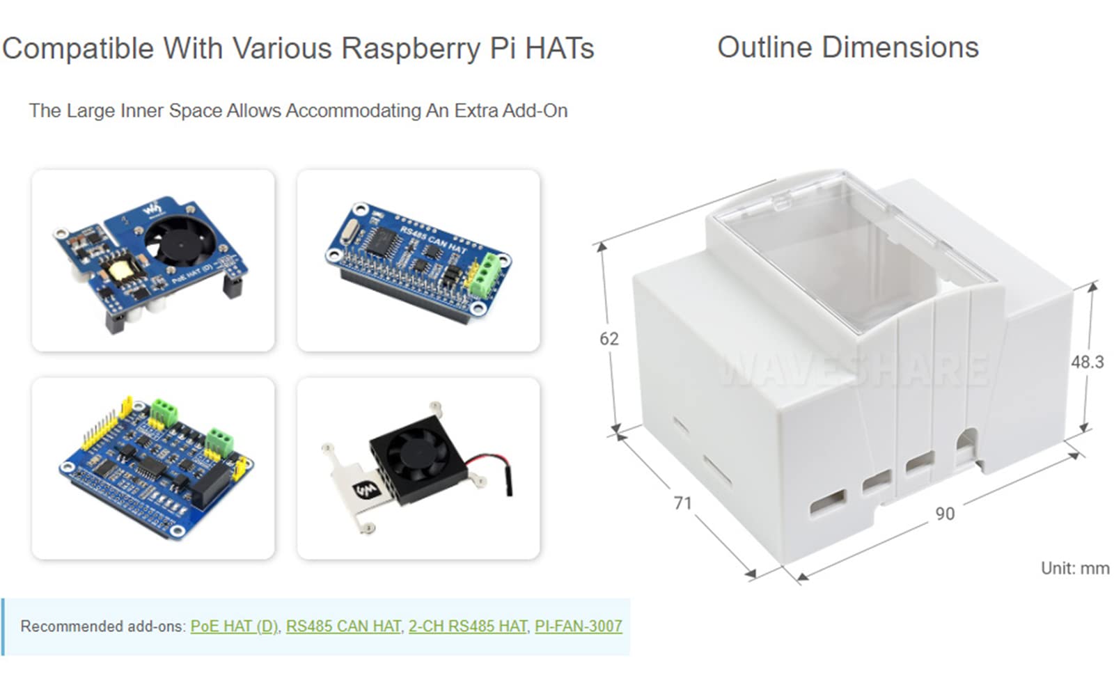 DIN Rail Case for Raspberry Pi 4, DIN Rail Mount Support, ABS Material, Clear Top Window, Large Inner Space Allows Accommodating an Extra Add-on Such as PoE HAT (D), RS485 CAN HAT etc. Easy to Use