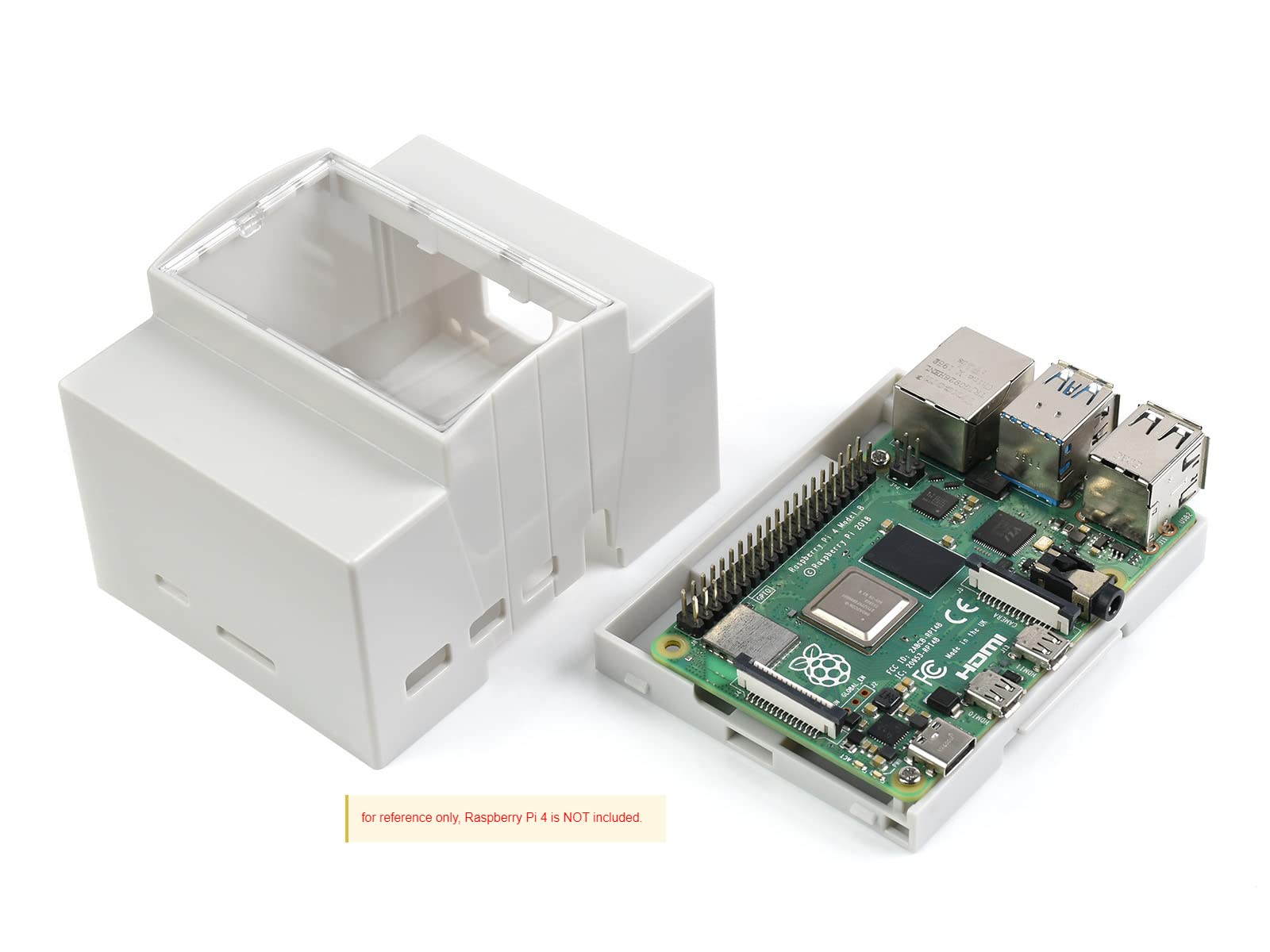 DIN Rail Case for Raspberry Pi 4, DIN Rail Mount Support, ABS Material, Clear Top Window, Large Inner Space Allows Accommodating an Extra Add-on Such as PoE HAT (D), RS485 CAN HAT etc. Easy to Use