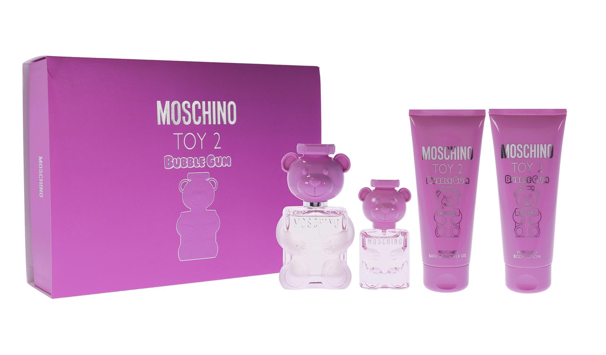 Moschino Moschino Toy 2 Bubble Gum Women 3.4oz EDT Spray, 0.17oz EDT Spray, 3.4oz Body Lotion, 3.4oz Bath and Shower Gel 4 Pc Gift Set