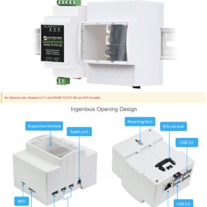 DIN Rail Case for Raspberry Pi 4, DIN Rail Mount Support, ABS Material, Clear Top Window, Large Inner Space Allows Accommodating an Extra Add-on Such as PoE HAT (D), RS485 CAN HAT etc. Easy to Use